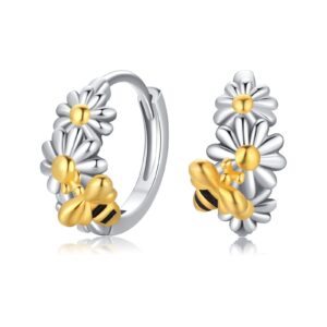 daisy hoop earrings,hypoallergenic 925 sterling silver bee with small flower hoop earrings gift for women huggie earrings for sensitive ears