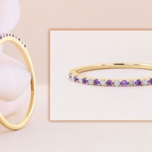 Dazzlingrock Collection Round Amethyst & White Diamond Thin Stackable Wedding Band for Women in 10K Yellow Gold, Size 6