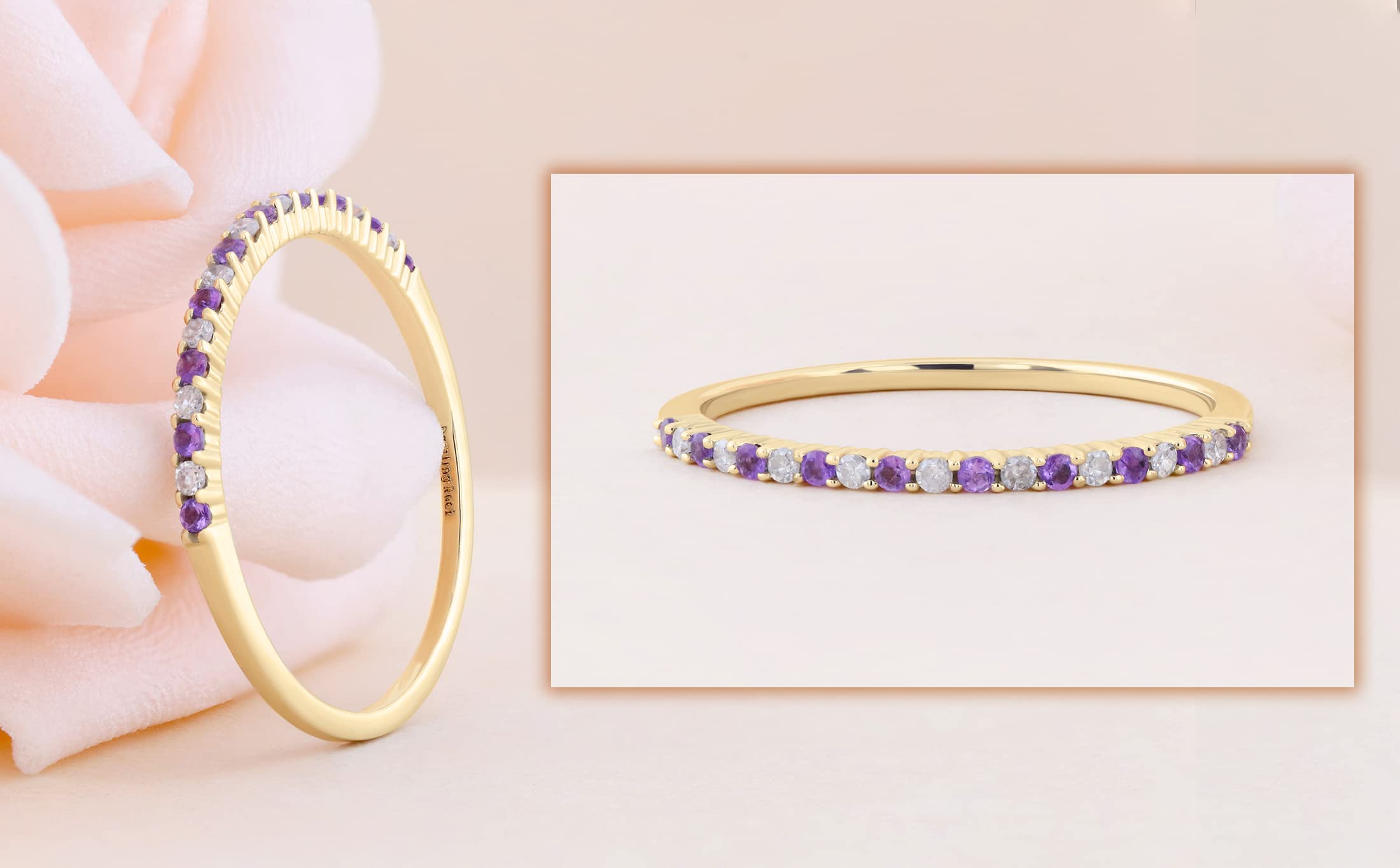 Dazzlingrock Collection Round Amethyst & White Diamond Thin Stackable Wedding Band for Women in 10K Yellow Gold, Size 6