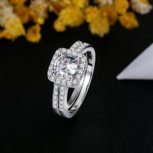 Gemsme 18K White Gold Plated Two-in-One Wedding Engagement Eternity Rings Halo Cubic Zirconia Bridal Rings Set 6