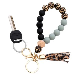 baosiwa silicone key ring bracelet wristlet keychain leopard beaded bangle key chains for women with leather tassel