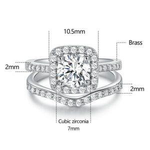 Gemsme 18K White Gold Plated Two-in-One Wedding Engagement Eternity Rings Halo Cubic Zirconia Bridal Rings Set 6