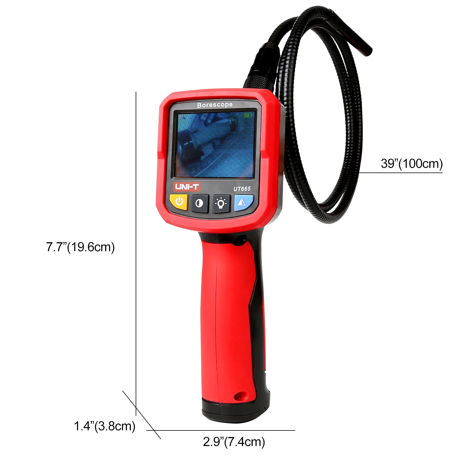 UNI-T Industrial Endoscope UT665 Digital Borescope Sewer Camera for Engine HVAC Chimney Inspection Automotive Maintenance, 4 LED Lights 2.4” Screen Handheld Camera Snake Cable 3.3FT/1M IP67 Waterproof