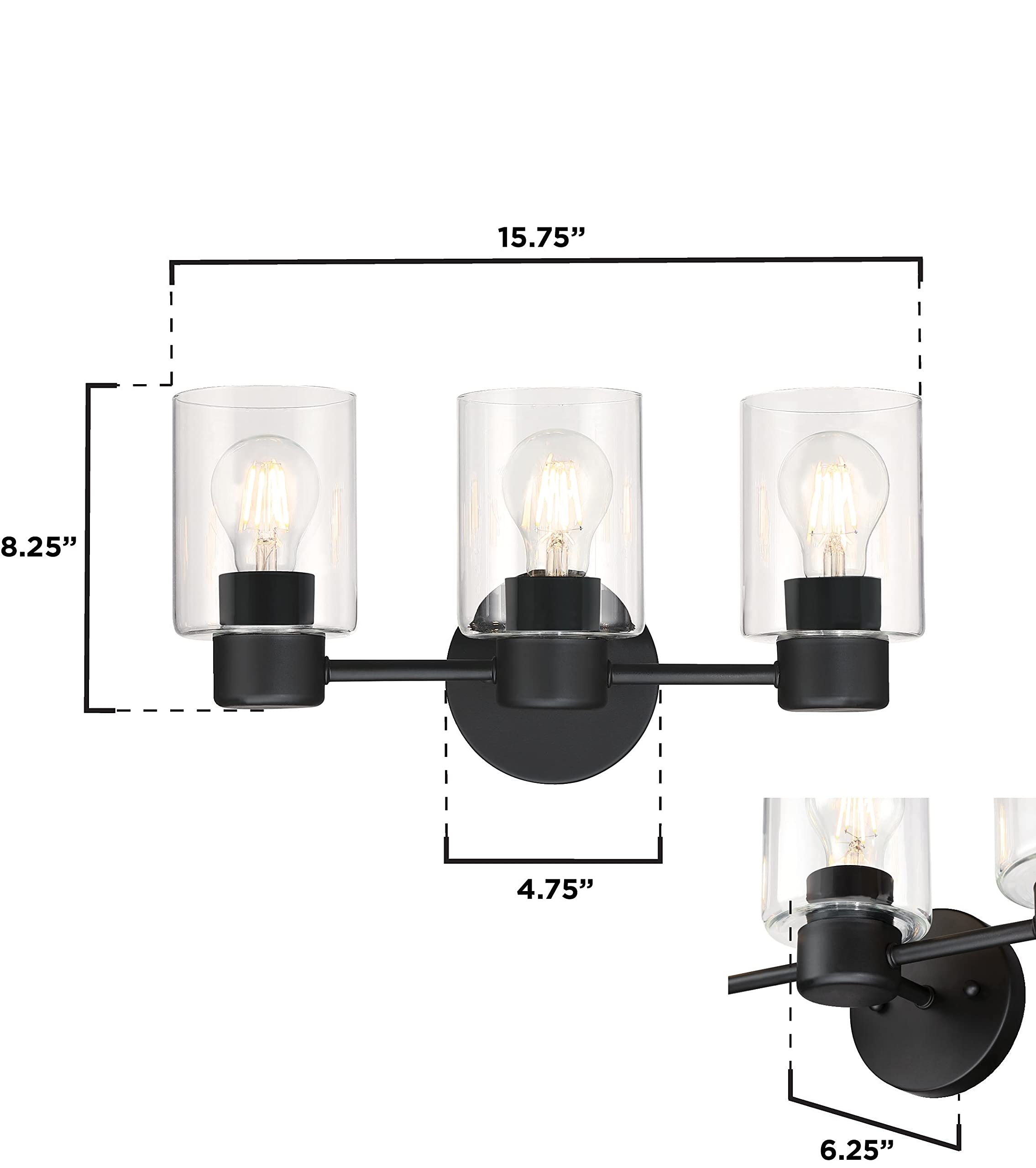 Westinghouse 6115600 Sylvestre Transitional Three-Light Indoor Vanity Light Fixture, Matte Black Finish, Clear Glass