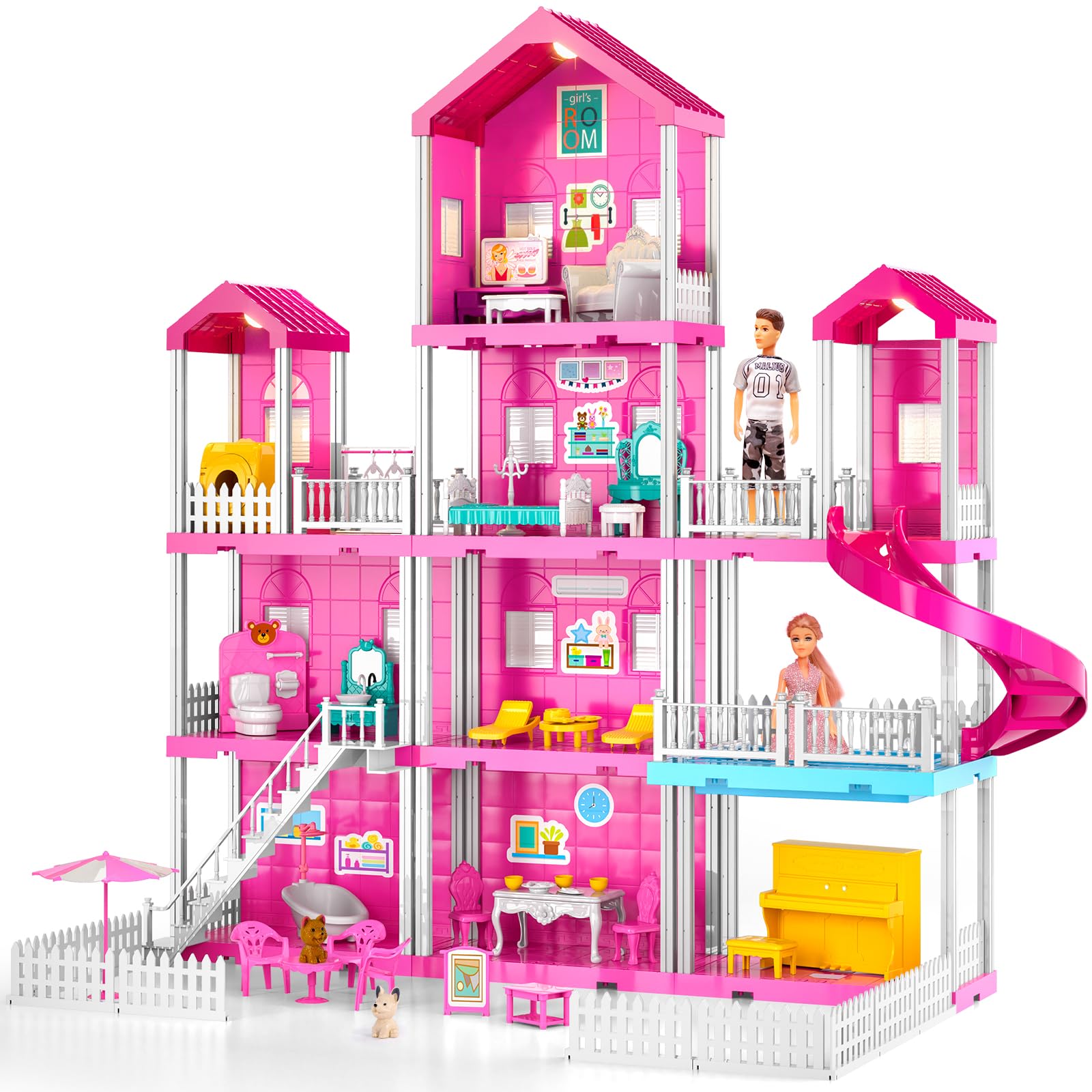 TEMI Doll Home Toy with 2 Doll Toy Figures, 4-Story 10 Rooms with Accessories and Furniture, Toddler Doll Home Kit Gift for Kids Ages 3 Toys for 3 4 5 6 Year Old Girls