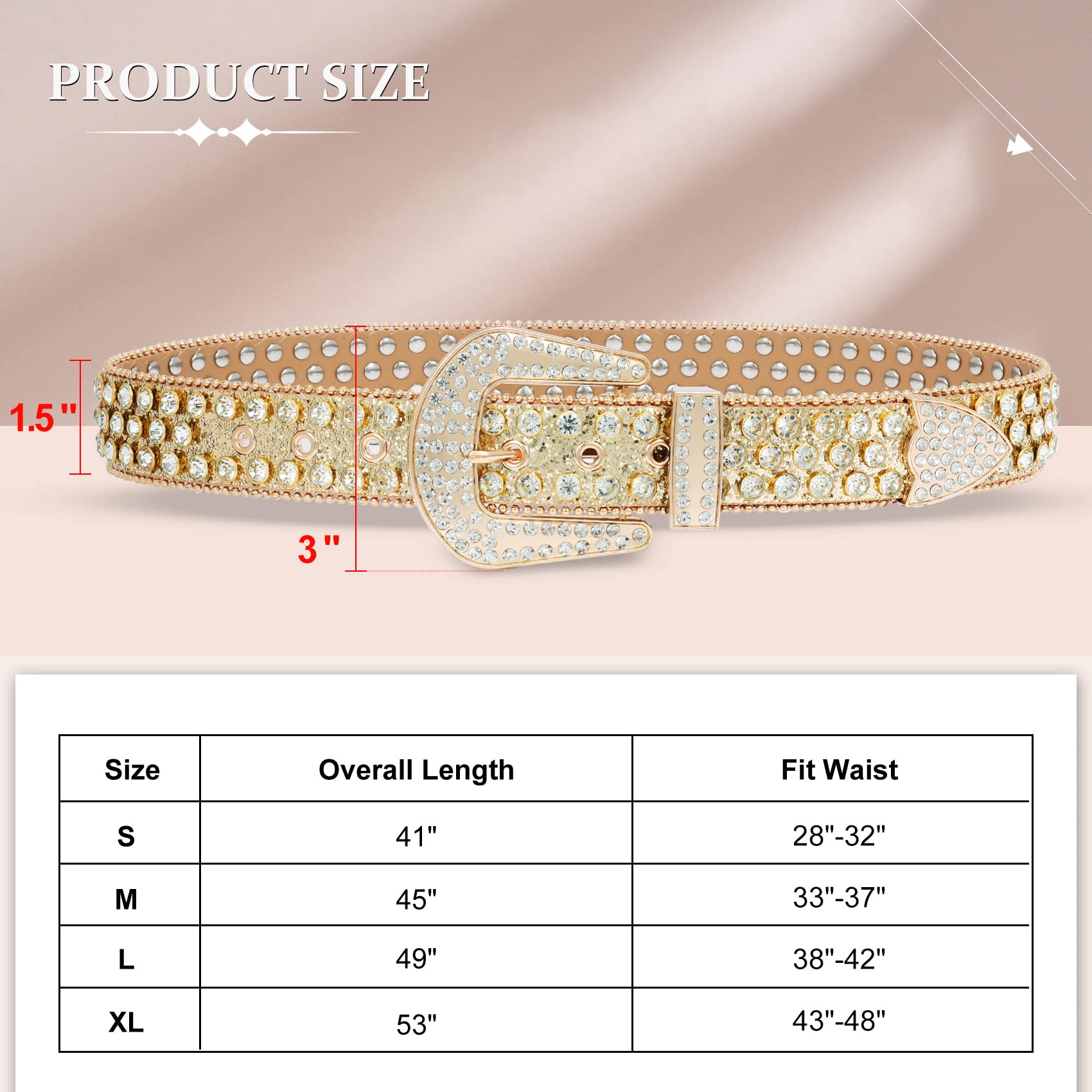 WHIPPY Women Rhinestones Leather Belt Bling Studded Western Cowgirl Waist Belt for Jeans Pants,S,Gold