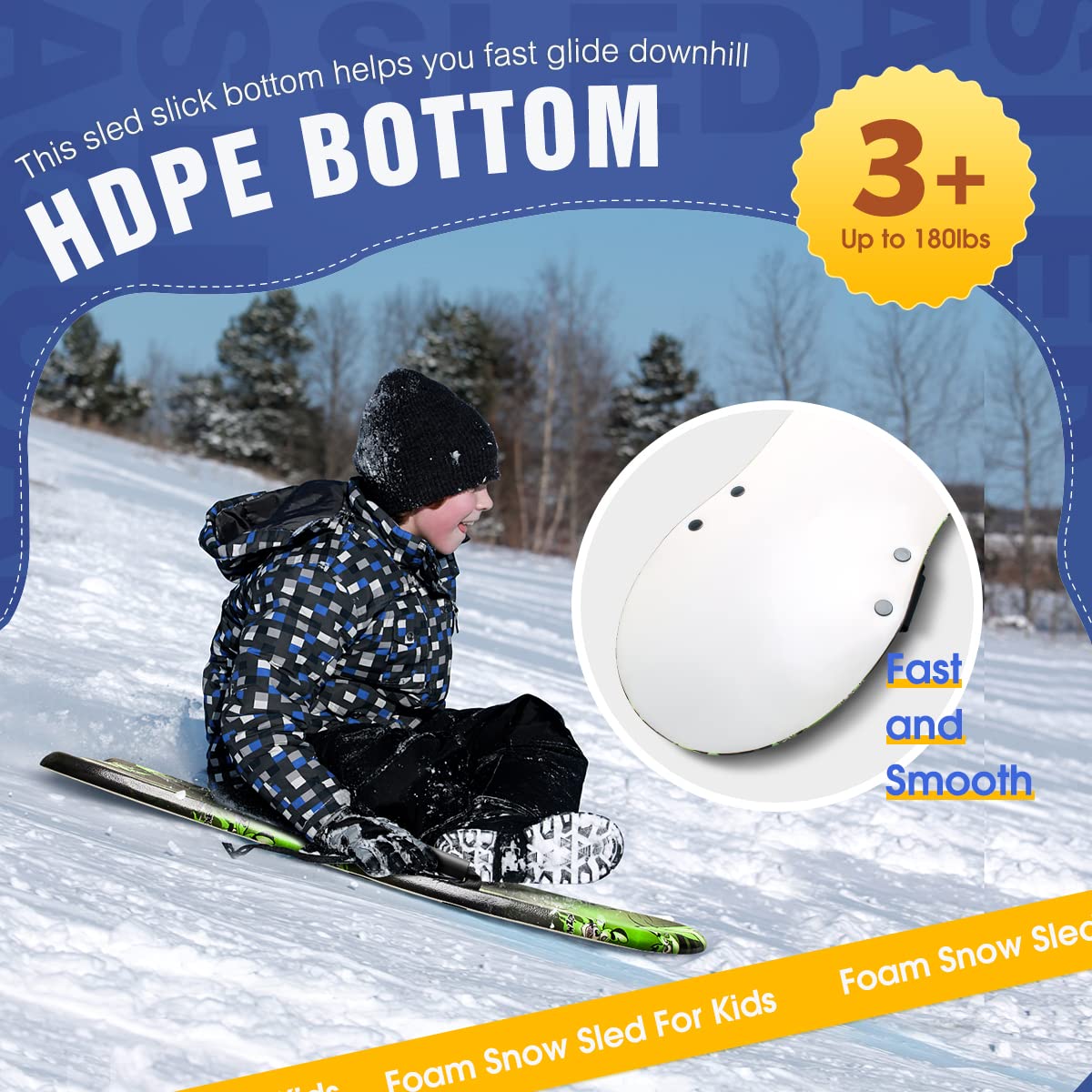 AQUARM Foam Snow Sled for Kids with 2 Sturdy Soft Handles & Slick Bottom, Toboggan Perfect for 3+ Years Old Boys Girls Winter Outdoor Sport Fun (36 inch)