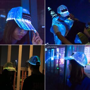 lumisonata LED Cap Fiber Optic Hat EDM Baseball Caps Light Up 7 Colors Glowing Flash USB Charging Hats Rave Accessories for Party (White)