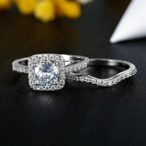 Gemsme 18K White Gold Plated Two-in-One Wedding Engagement Eternity Rings Halo Cubic Zirconia Bridal Rings Set 6