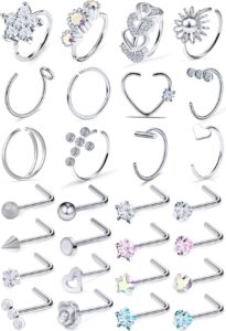 ocptiy 18g nose rings studs hoop piercing jewelry for women stainless surgical steel hypoallergenic l shaped cute nose rings bend curved cubic zirconia nose nostril ring stud piercing jewelry men 2mm