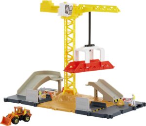 matchbox action drivers construction playset, moving crane, car-activated features, includes 1 matchbox toy bulldozer, for kids 3 years old & older