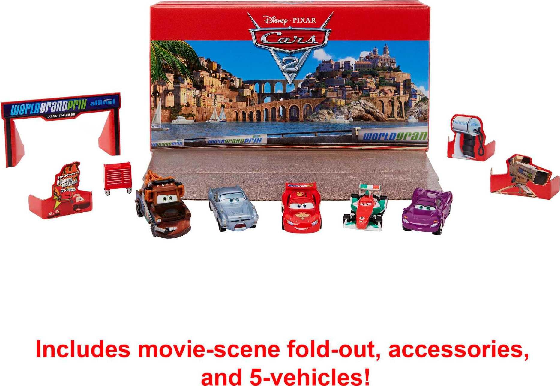 Mattel Disney and Pixar Cars Vehicle Set of 5 Collectible Character Toy Cars & Tool Cart, Inspired by World Grand Prix from Cars 2