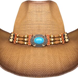 Western Outback Cowboy Hat Men's Women's Style Straw Felt Canvas Brown/Blue Gemstone (ST-18-BR)