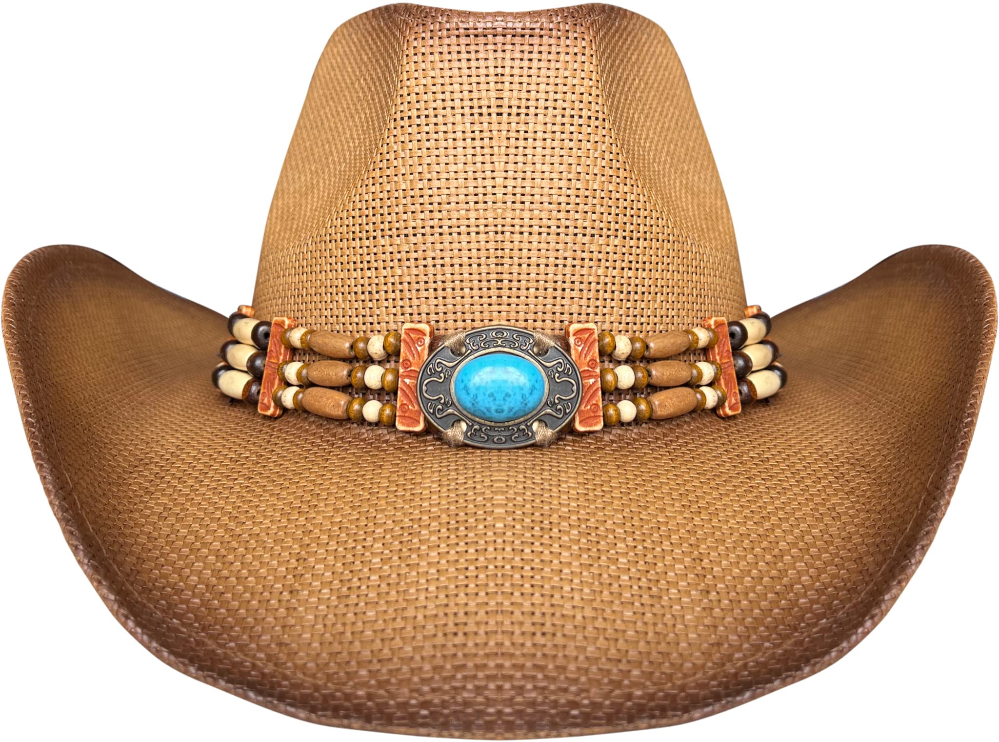 Western Outback Cowboy Hat Men's Women's Style Straw Felt Canvas Brown/Blue Gemstone (ST-18-BR)