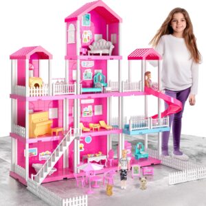 TEMI Doll Home Toy with 2 Doll Toy Figures, 4-Story 10 Rooms with Accessories and Furniture, Toddler Doll Home Kit Gift for Kids Ages 3 Toys for 3 4 5 6 Year Old Girls