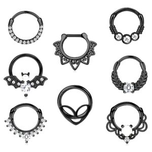 drperfect 8mm septum rings 16g daith earrings piercing jewelry surgical stainless steel cz opal septum clicker rings alien bat septum hinged segment nose rings cartilage helix tragus hoops