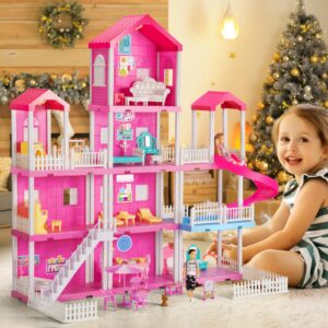 TEMI Doll Home Toy with 2 Doll Toy Figures, 4-Story 10 Rooms with Accessories and Furniture, Toddler Doll Home Kit Gift for Kids Ages 3 Toys for 3 4 5 6 Year Old Girls