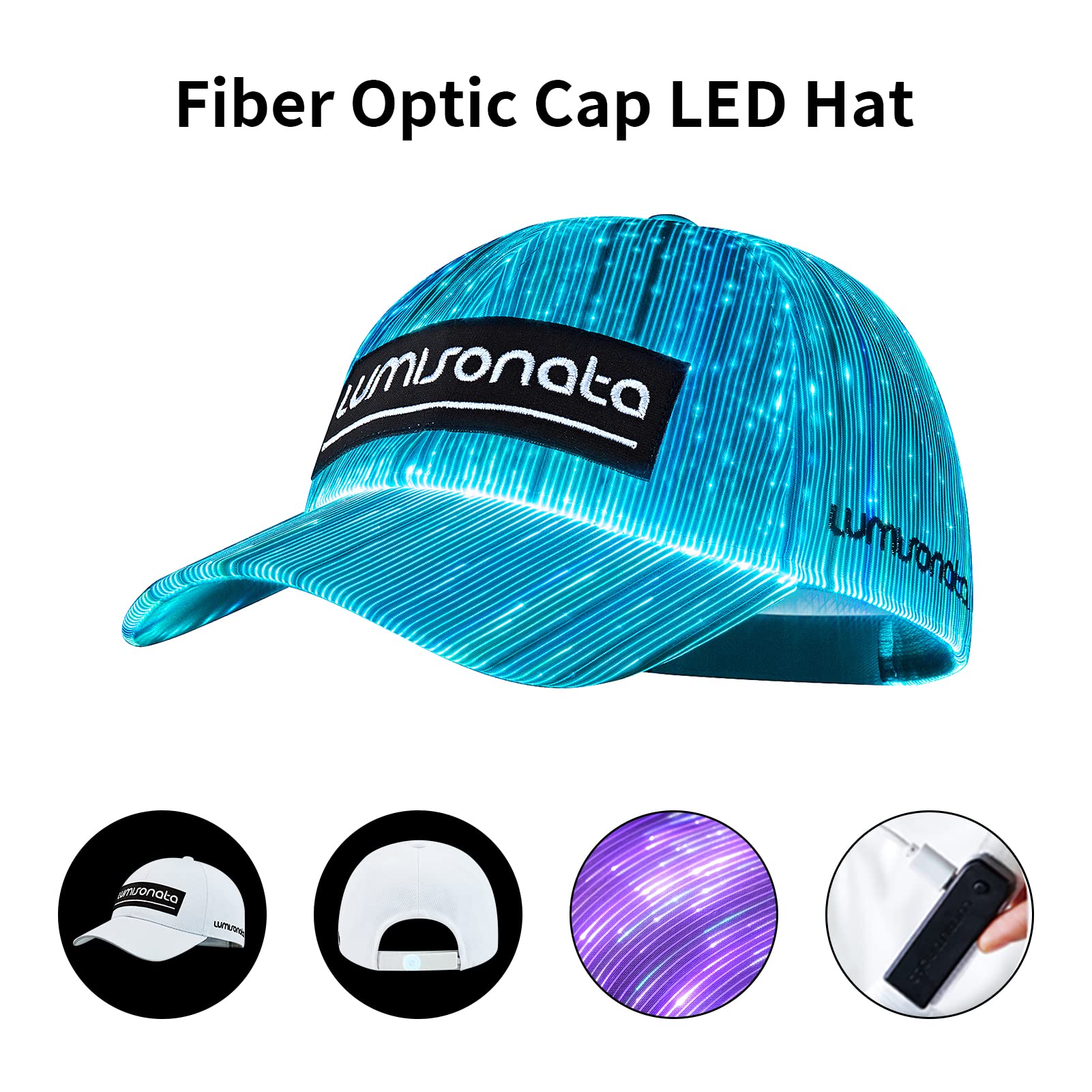 lumisonata LED Cap Fiber Optic Hat EDM Baseball Caps Light Up 7 Colors Glowing Flash USB Charging Hats Rave Accessories for Party (White)