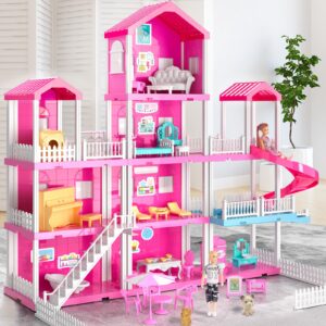 temi doll home toy with 2 doll toy figures, 4-story 10 rooms with accessories and furniture, toddler doll home kit gift for kids ages 3 toys for 3 4 5 6 year old girls