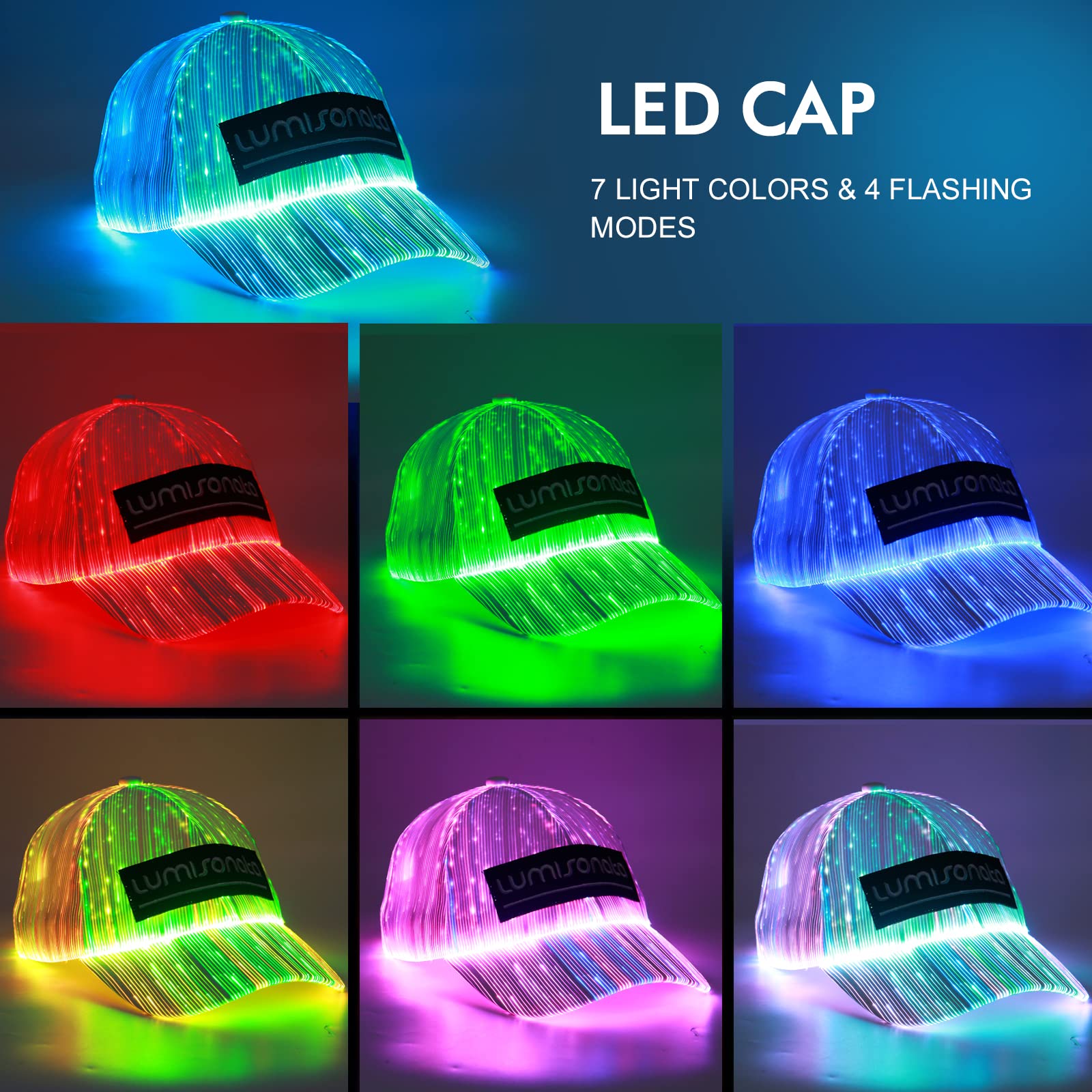 lumisonata LED Cap Fiber Optic Hat EDM Baseball Caps Light Up 7 Colors Glowing Flash USB Charging Hats Rave Accessories for Party (White)