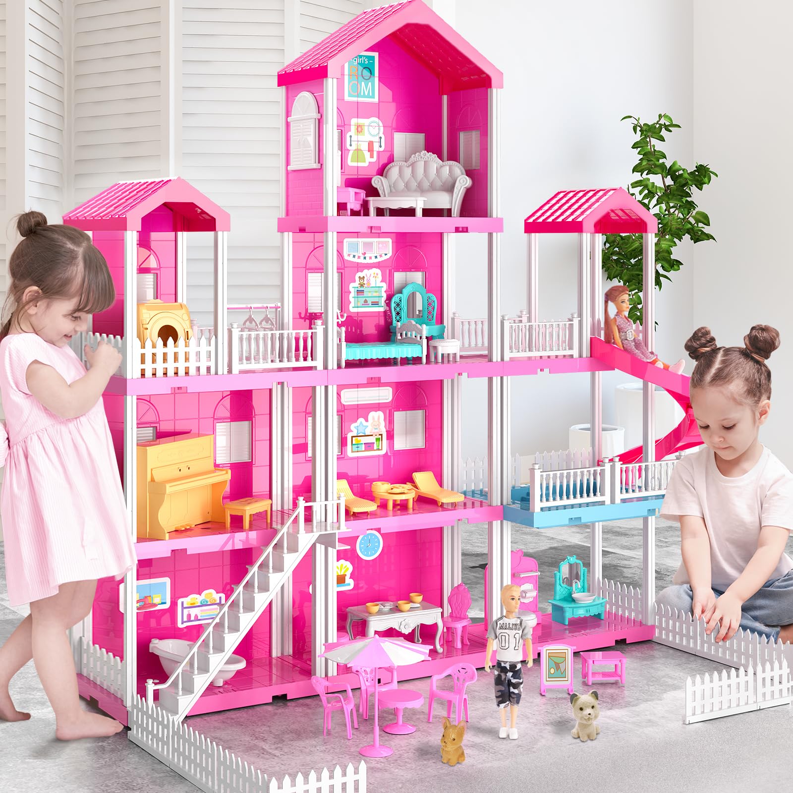 TEMI Doll Home Toy with 2 Doll Toy Figures, 4-Story 10 Rooms with Accessories and Furniture, Toddler Doll Home Kit Gift for Kids Ages 3 Toys for 3 4 5 6 Year Old Girls