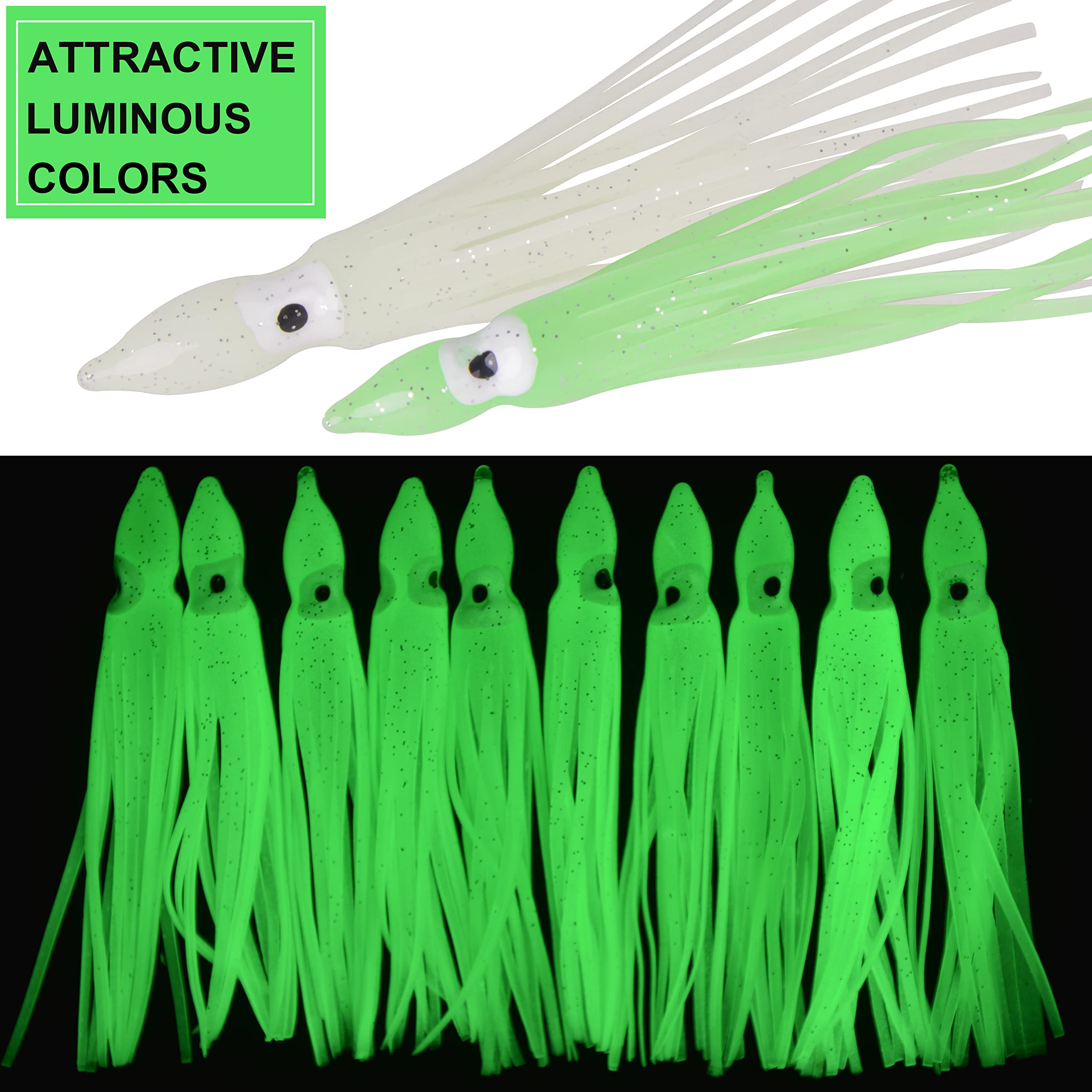 Fishing Squid Skirts Octopus Lures, Glow Soft Plastic Fishing Bait Trolling Lure Saltwater for Bass Salmon Trout Multicolored 7cm 9cm 11cm