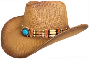 western outback cowboy hat men's women's style straw felt canvas brown/blue gemstone (st-18-br)