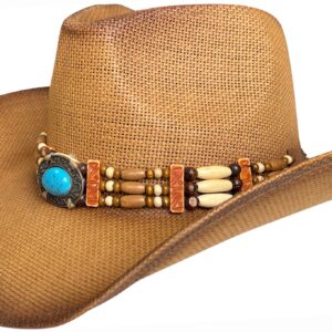 Western Outback Cowboy Hat Men's Women's Style Straw Felt Canvas Brown/Blue Gemstone (ST-18-BR)