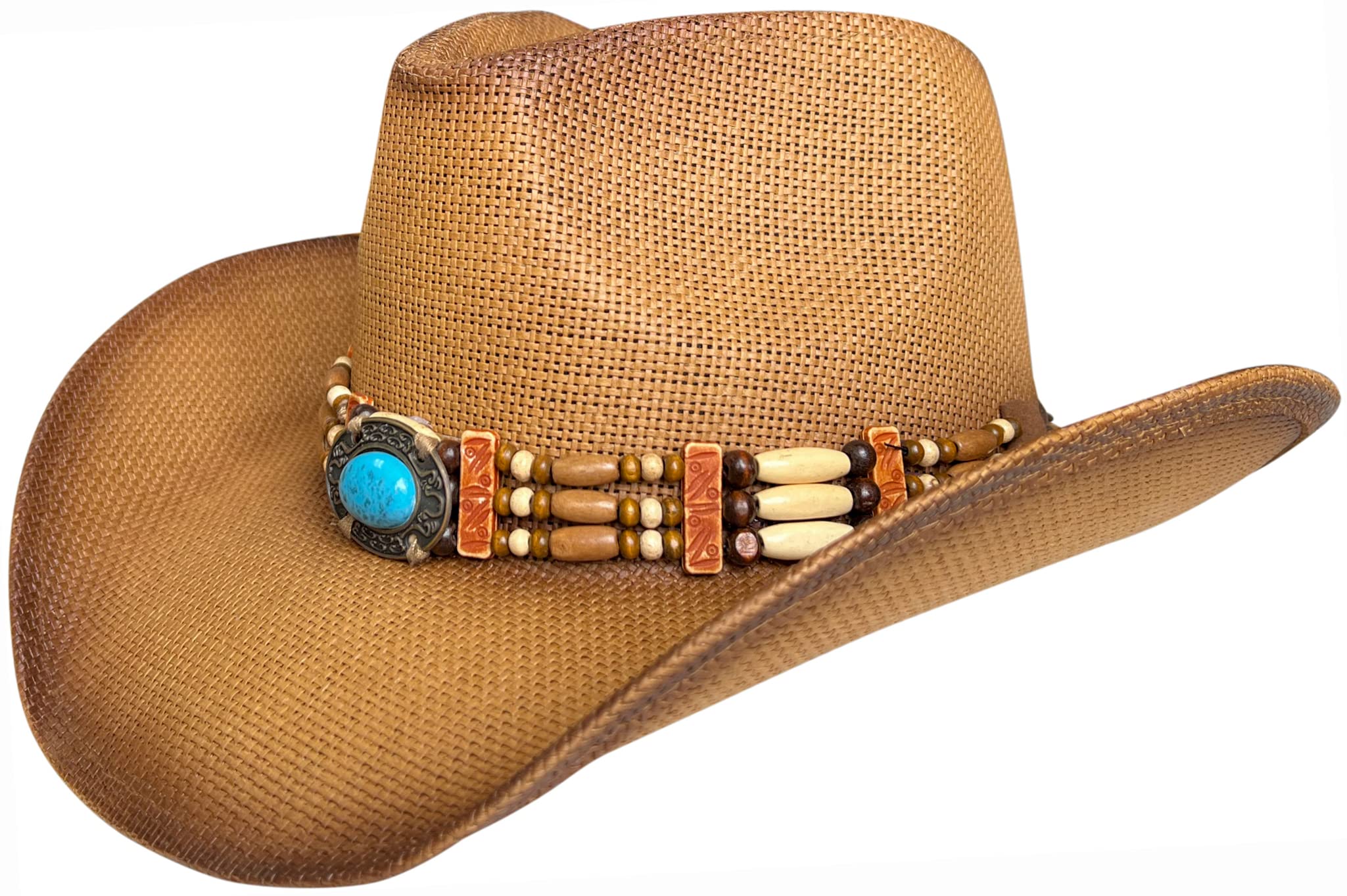 Western Outback Cowboy Hat Men's Women's Style Straw Felt Canvas Brown/Blue Gemstone (ST-18-BR)