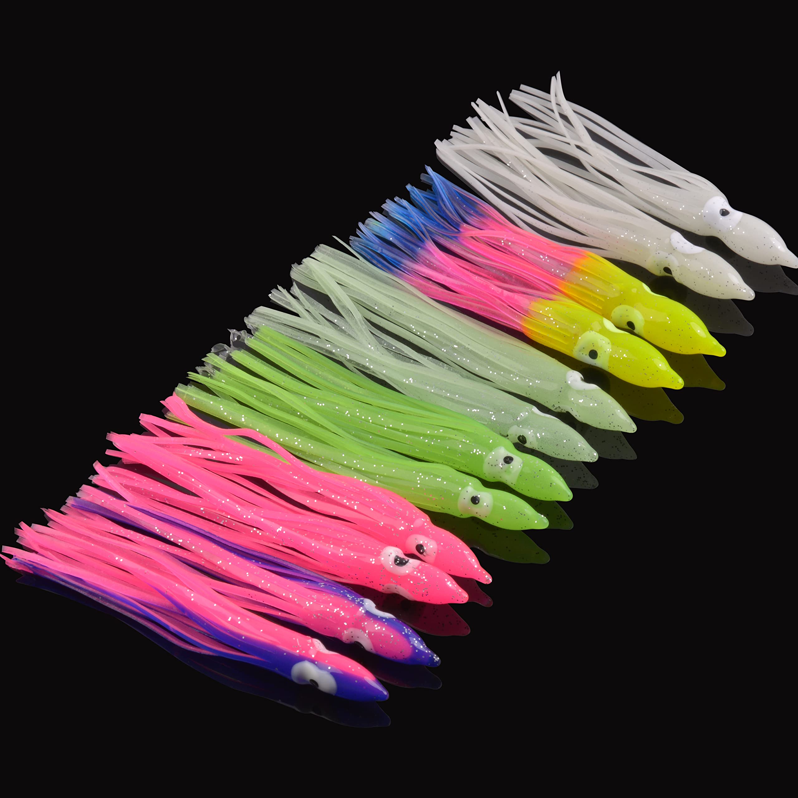 Fishing Squid Skirts Octopus Lures, Glow Soft Plastic Fishing Bait Trolling Lure Saltwater for Bass Salmon Trout Multicolored 7cm 9cm 11cm