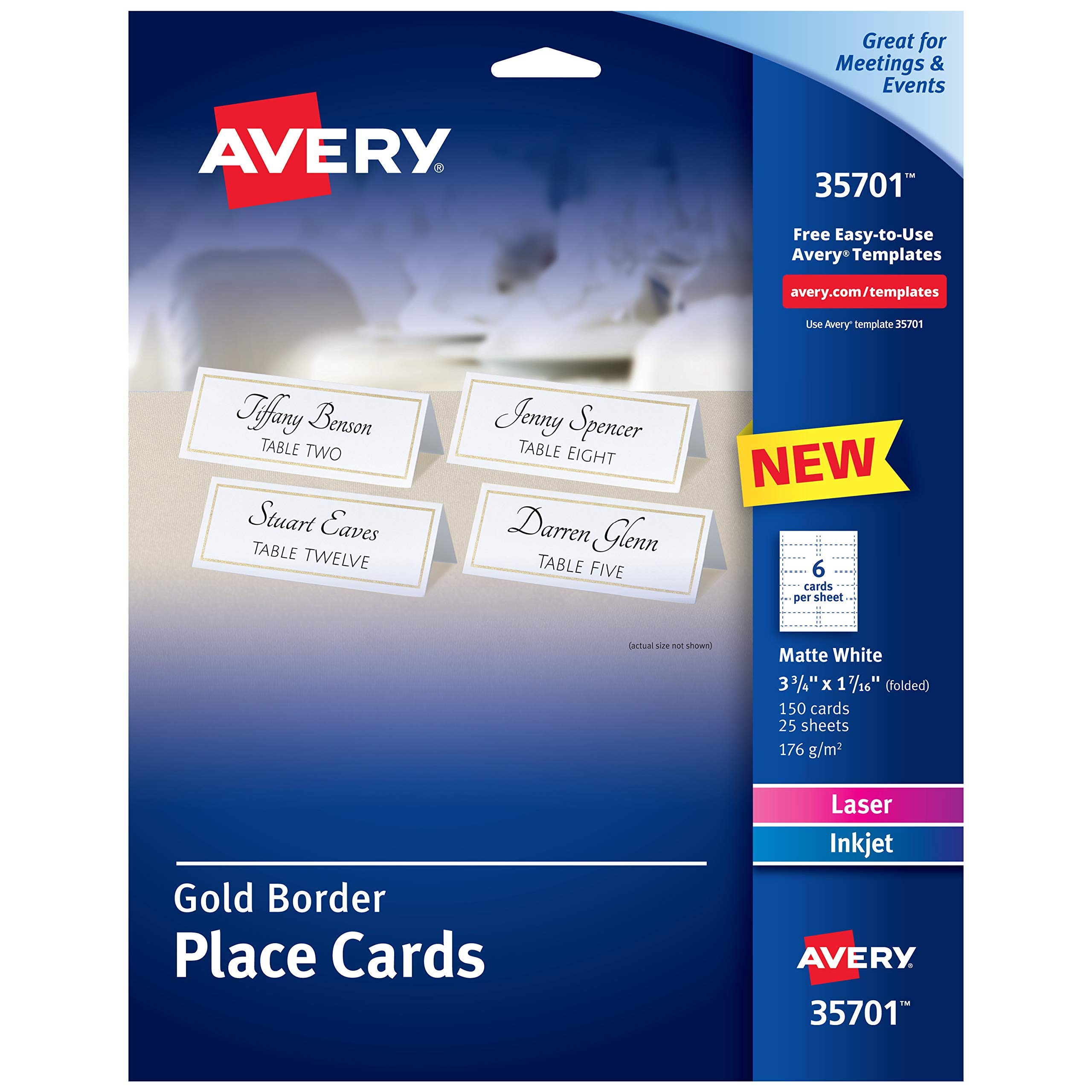 Place Cards with Gold Border, 1-7/16" x 3-3/4", 65 lbs / 176 GSM, Laser/Inkjet, 150 Cards