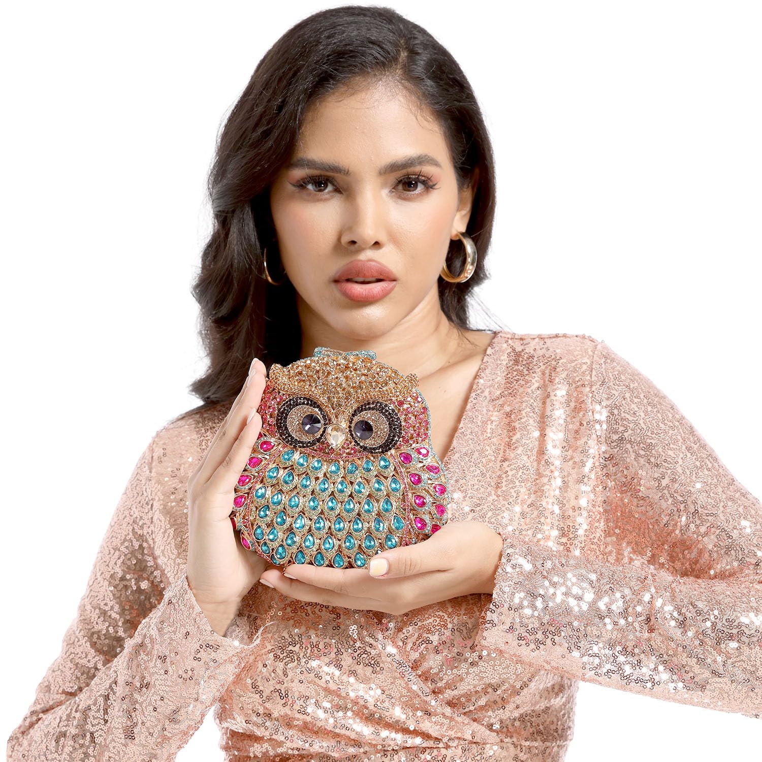 Boutique De FGG Multicoloured Owl Crystal Clutch Bag Animal Evening Handbags Women Formal Party Rhinestone Clutch Purse, Small