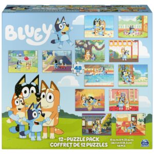 bluey 12-pack of jigsaw puzzles for families, kids, and preschoolers ages 4 and up