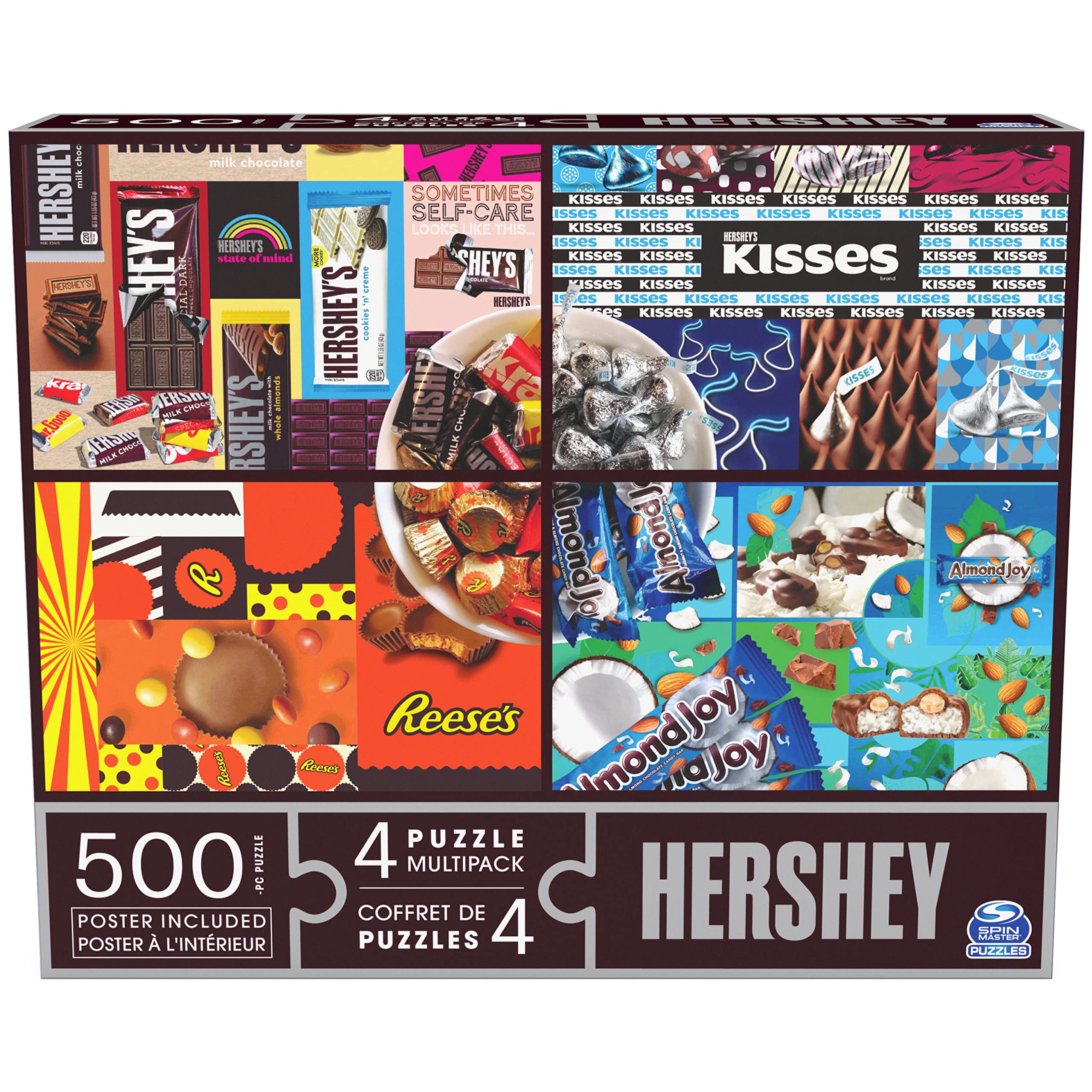 TOYS_AND_GAMES Hershey's, 4 Puzzle Multipack, 500 Pieces Combine to Form Mega Puzzle: Reese’s, Hershey’s Kisses, Almond Joy, for Kids and Adults