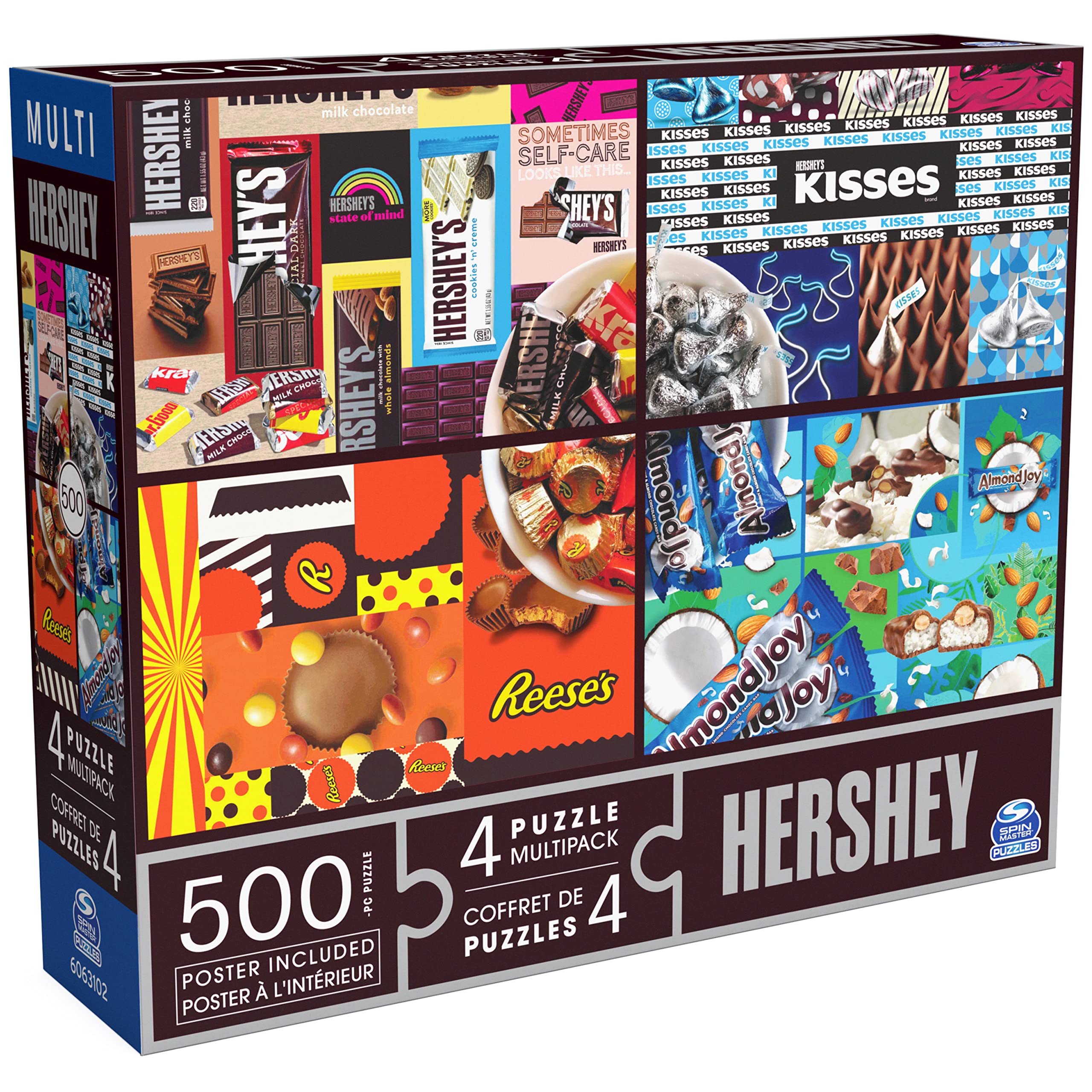 TOYS_AND_GAMES Hershey's, 4 Puzzle Multipack, 500 Pieces Combine to Form Mega Puzzle: Reese’s, Hershey’s Kisses, Almond Joy, for Kids and Adults