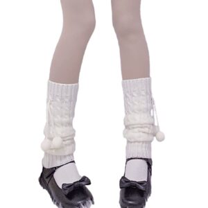 jilneed long leg warmers for women lolita fashion wool cable knit thigh high leg warmers loose socks (white)