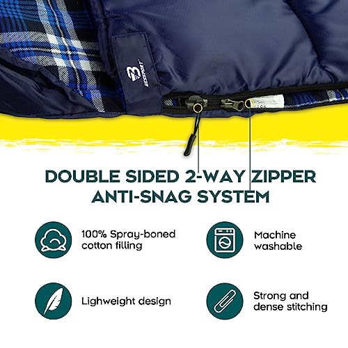 Bessport Flannel Lined Sleeping Bag Winter | 18℉ Extreme 3-4 Season Warm & Cool Weather Adult Sleeping Bags Large | Lightweight, Waterproof for Camping, Backpacking, Hiking