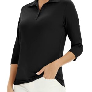 MOHEEN Women's Polo Shirt Quick Dry Performance Moisture Wicking 3/4 Sleeve Golf Polo Shirts for Women Athletic Casual Work (12222 Black,L)