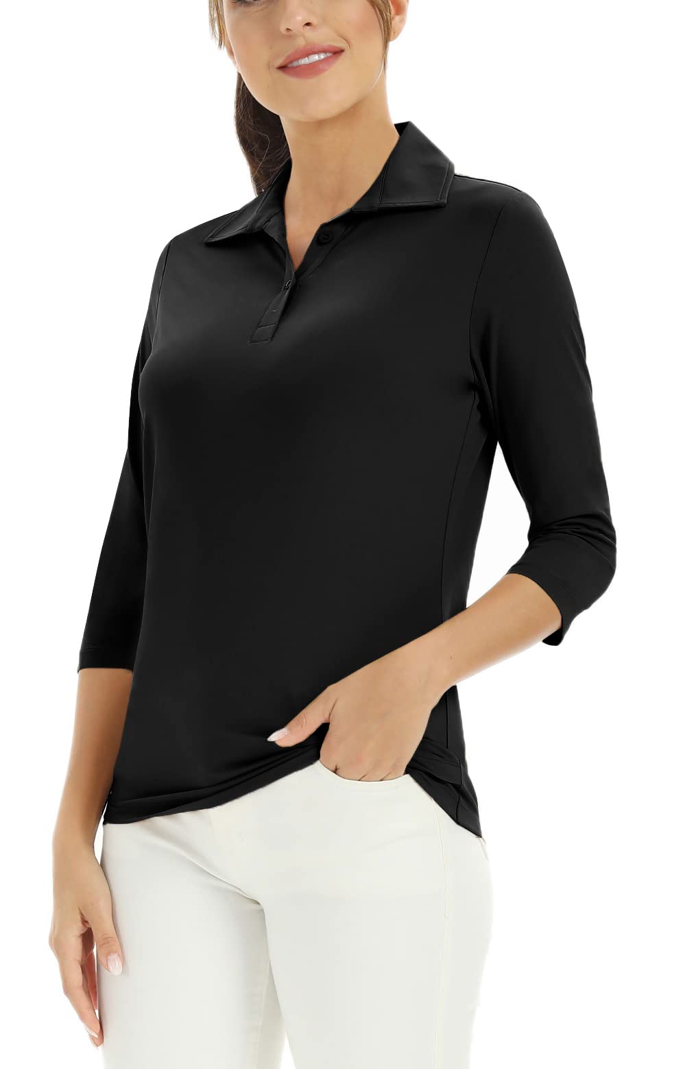 MOHEEN Women's Polo Shirt Quick Dry Performance Moisture Wicking 3/4 Sleeve Golf Polo Shirts for Women Athletic Casual Work (12222 Black,L)