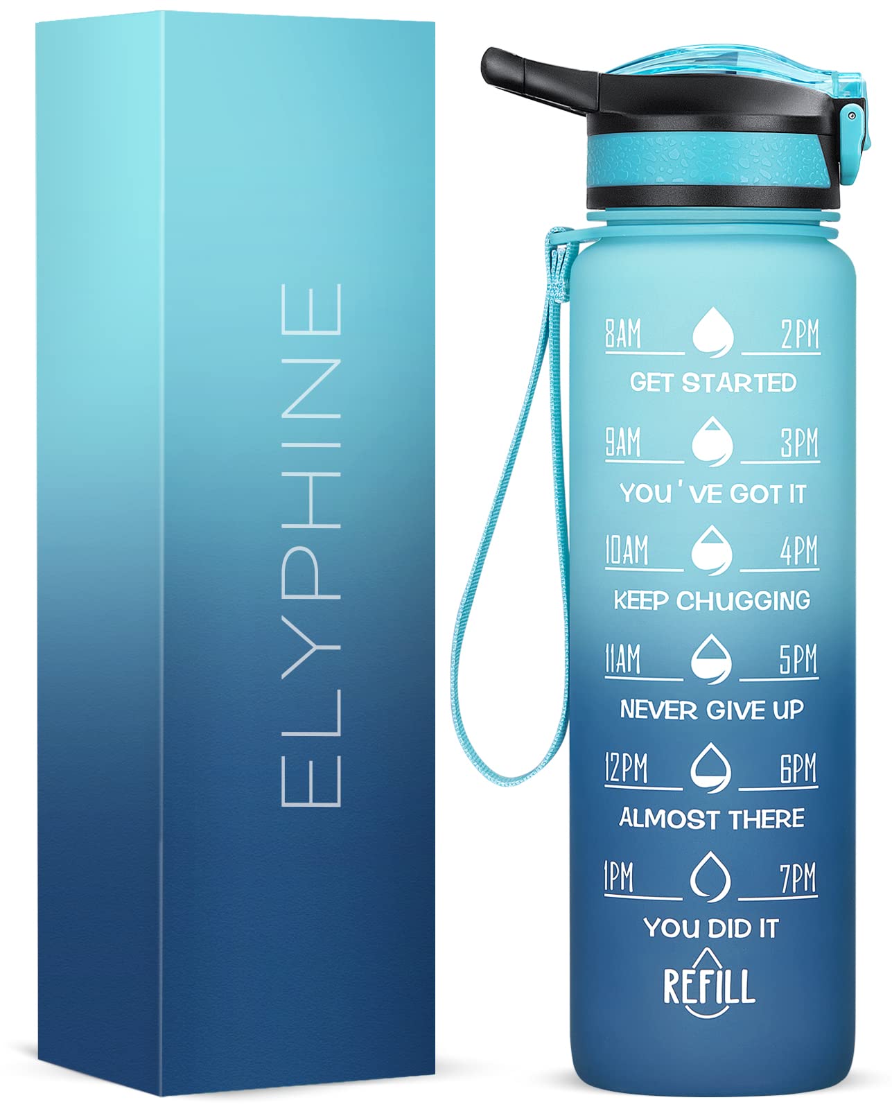 ELYPHINE 32/24 oz Water Bottles with Removable Straw & Time Marker, Motivational Sports Bottles with BPA Free Tritan Material, Leakproof Water Jug for Fitness