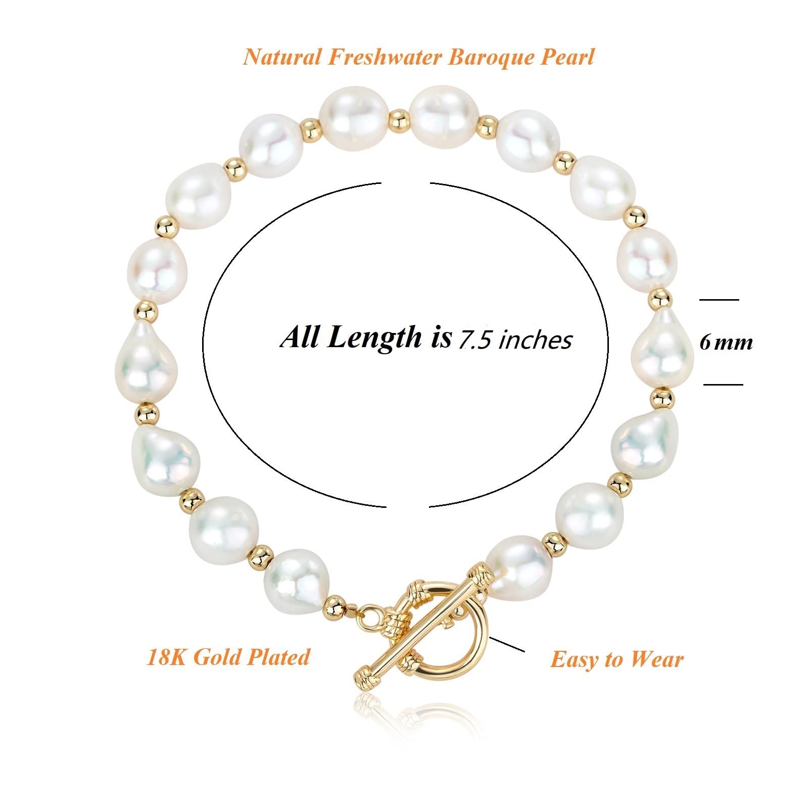 KVLmoze Pearl Bracelet 6mm Handpicked Pearl Chain 18k Gold Plated Delicate Vintage Y2k Jewelry Gifts for Mom Women Girls