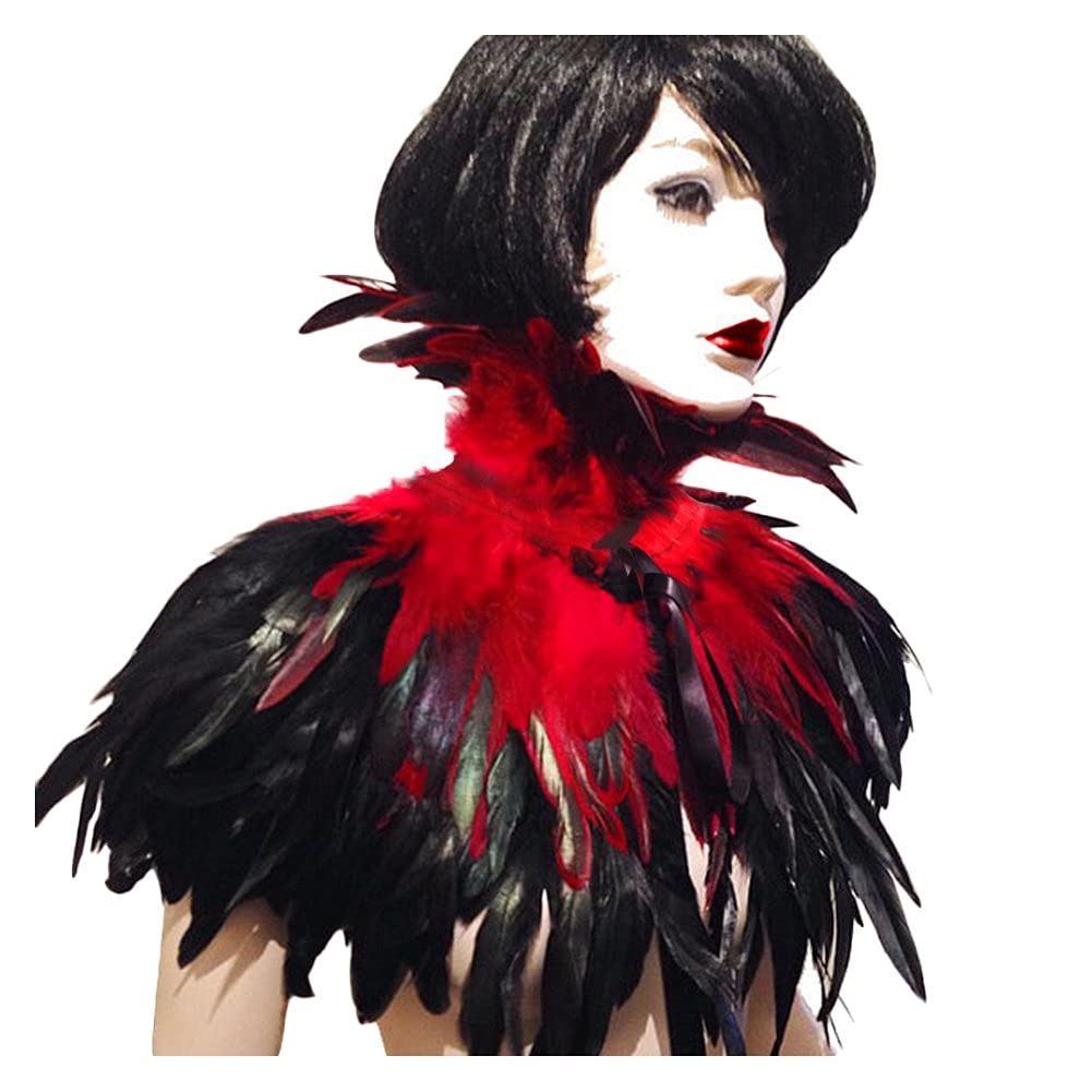 L'VOW Black Gothic Victorian Natural Feather Cape Shawl Stole Poncho with Choker Feather Collar Halloween Cosplay(Red)