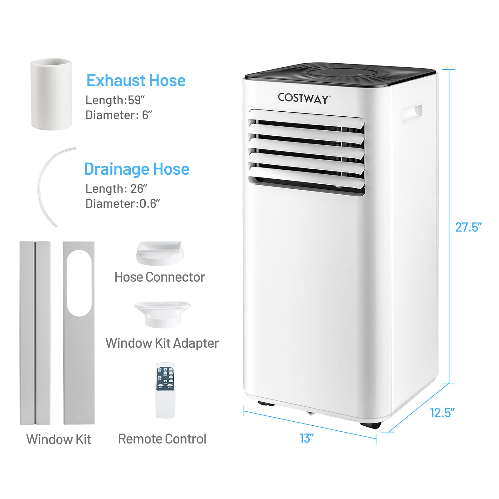 COSTWAY Portable Air Conditioner 10000BTU, Dehumidifier, Cooling for Room Spaces up to 350 Sq.Ft with 3 Speed Function, Universal Casters, 24H Timer, Remote Control, for Bedroom