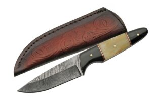 szco supplies 7.5" horn and bone handle damascus outdoor hunting knife with sheath