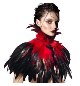 l'vow black gothic victorian natural feather cape shawl stole poncho with choker feather collar halloween cosplay(red)