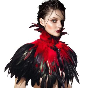 L'VOW Black Gothic Victorian Natural Feather Cape Shawl Stole Poncho with Choker Feather Collar Halloween Cosplay(Red)