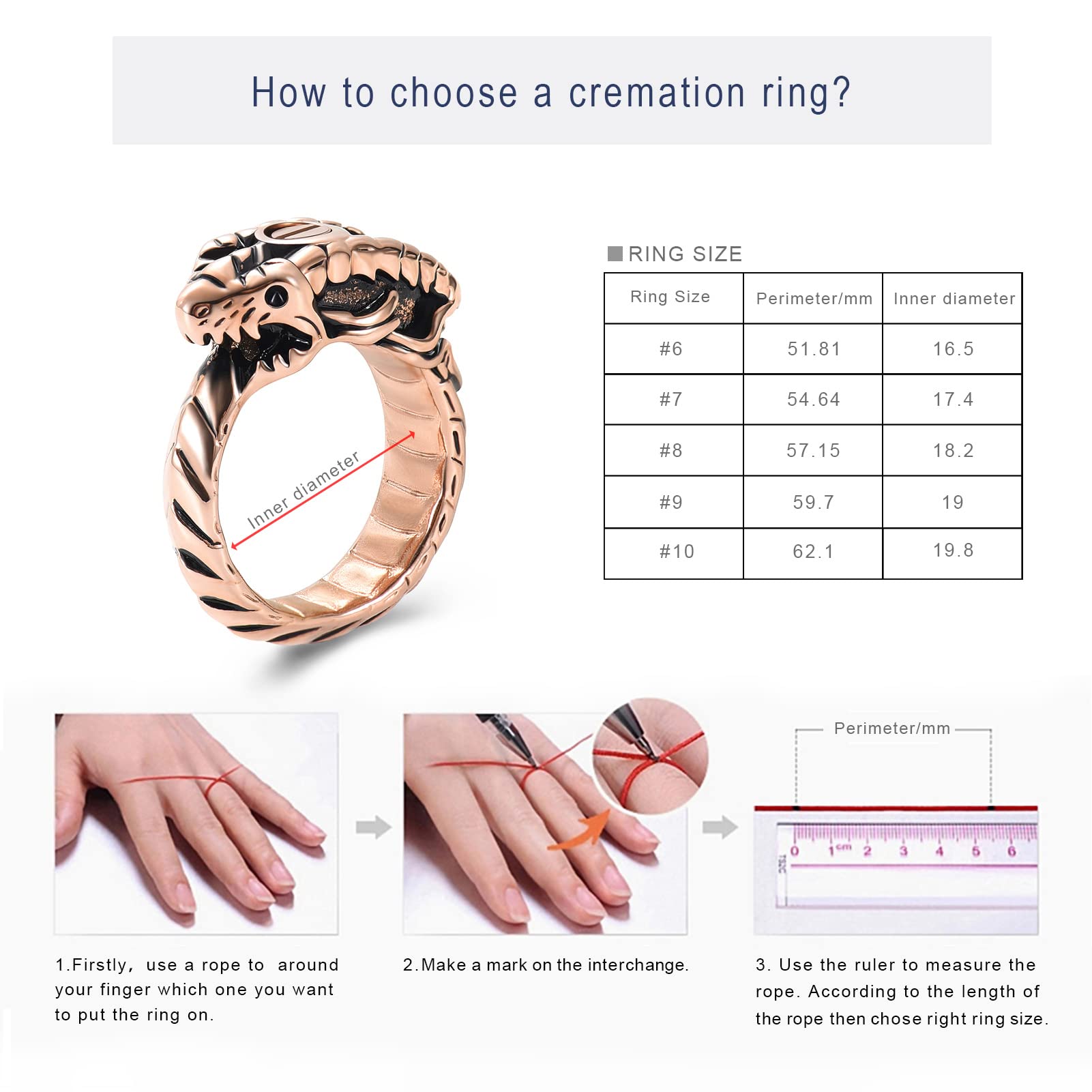 Ouroboros Cremation Urn Ring for Ashes Memorial Cremation Jewelry for Loved One Ashes Holder Keepsake Ring for Men Women(Rose Gold 6)