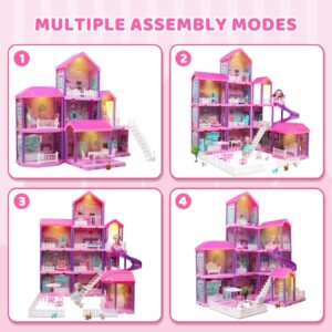 beefunni Doll House, Dream Dollhouse for Girls,Doll Houses 4-5 7-8 Year Old with 4 Stories -11 Rooms, 2 Dolls and Furniture, Princess Dollhouse 2024 Christmas Toy Gifts for 3 4 5 6 7 8+ Year Old Girls