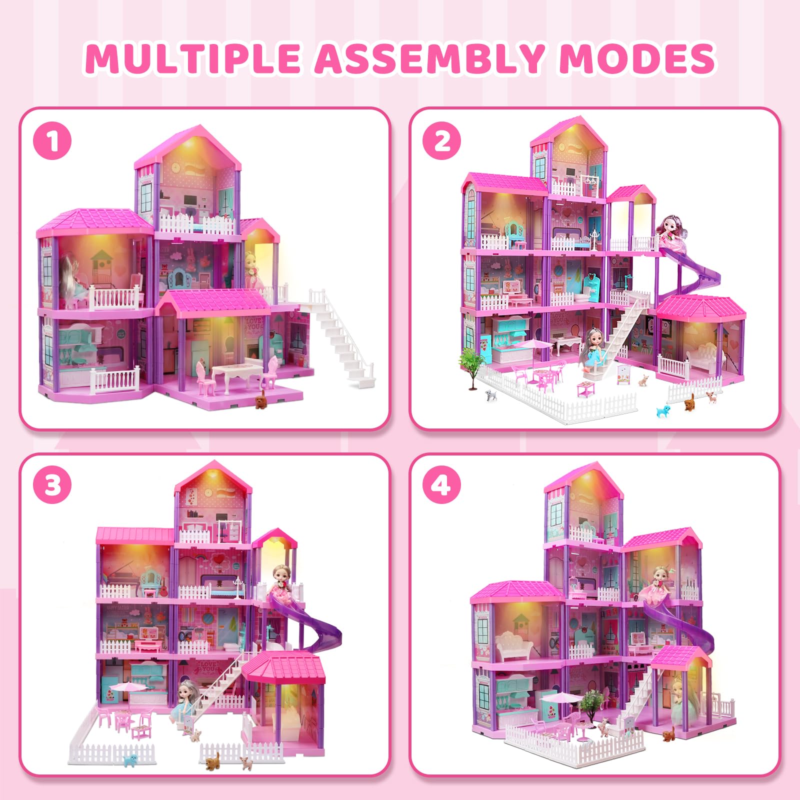 beefunni Doll House, Dream Dollhouse for Girls,Doll Houses 4-5 7-8 Year Old with 4 Stories -11 Rooms, 2 Dolls and Furniture, Princess Dollhouse 2024 Christmas Toy Gifts for 3 4 5 6 7 8+ Year Old Girls