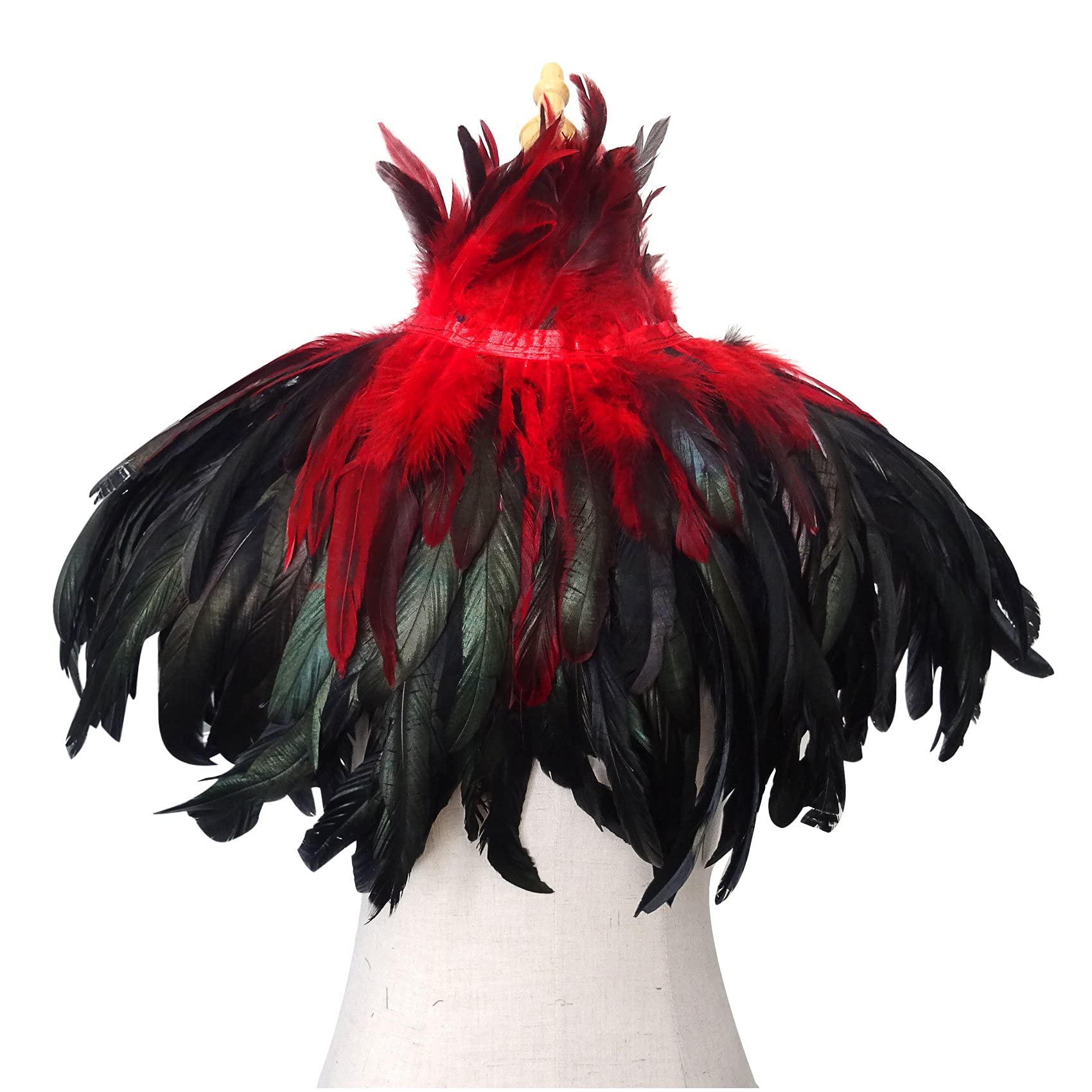 L'VOW Black Gothic Victorian Natural Feather Cape Shawl Stole Poncho with Choker Feather Collar Halloween Cosplay(Red)